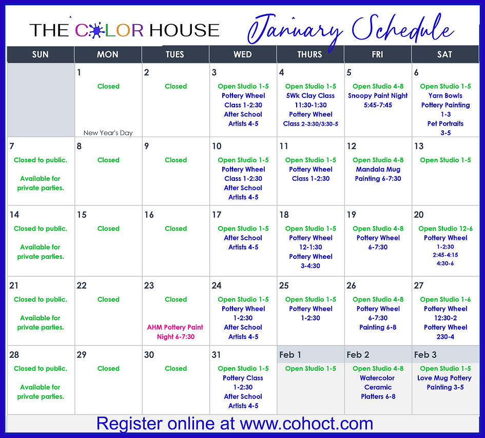 Calendar & Hours | The Color House
